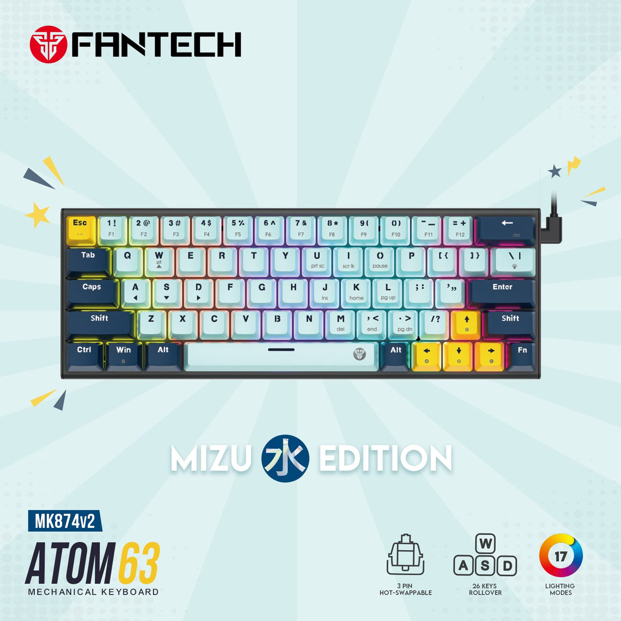 Fantech MK874 V2 Atom 63 Hot swappable Mechanical Keyboard Sky Blue ...